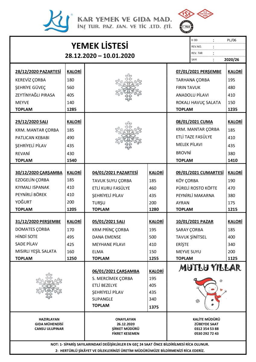 Güncel Yemek Listesi